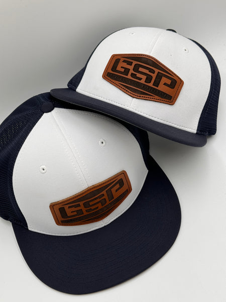 GSP Hex PTS20M Hat - White/Navy with Tan Leather Patch – GS Sports