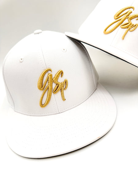 GSP Scripted Flexfit Hat - White with Gold – GS Sports